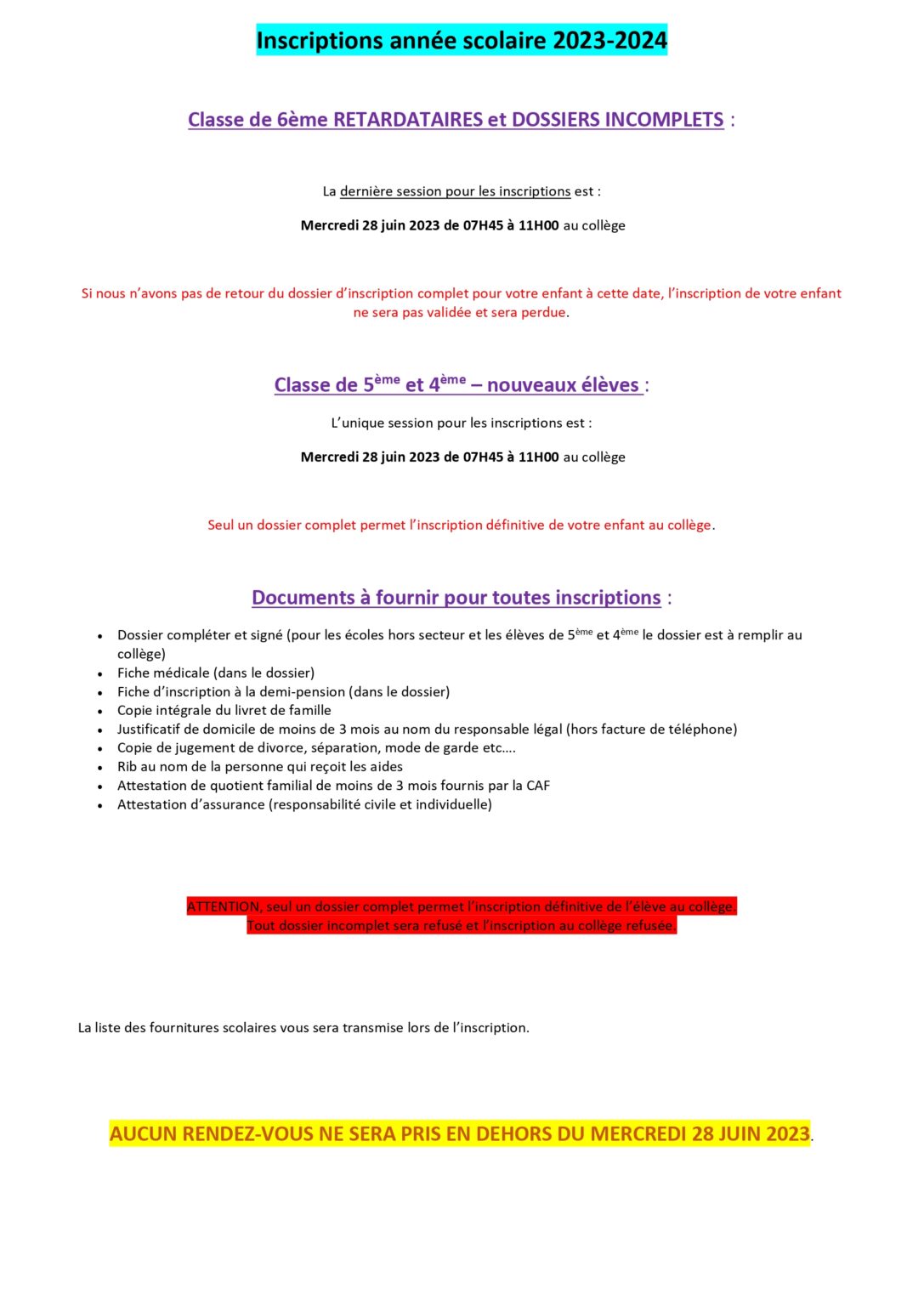 DERNIÈRE SESSION INSCRIPTIONS 2023-2024 – Collège Gilbert Chabroux